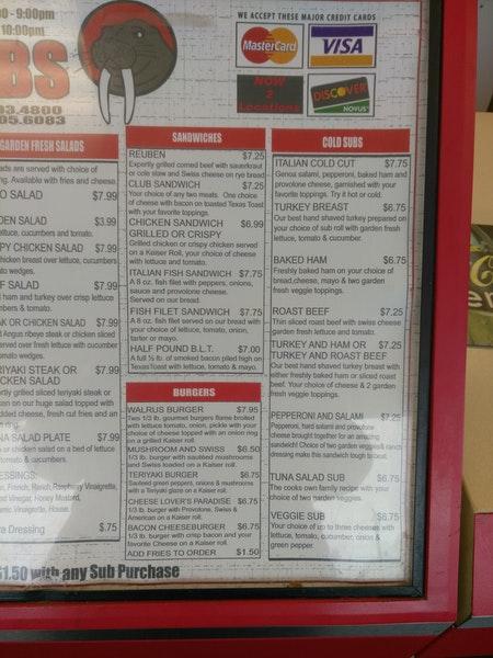 Menu at Walrus Subs restaurant, Youngstown