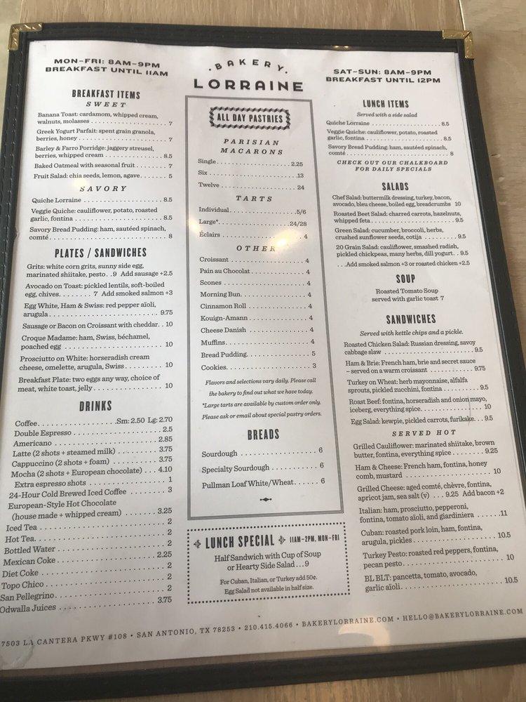 Menu at Bakery Lorraine at the Rim, San Antonio, La Cantera Pkwy