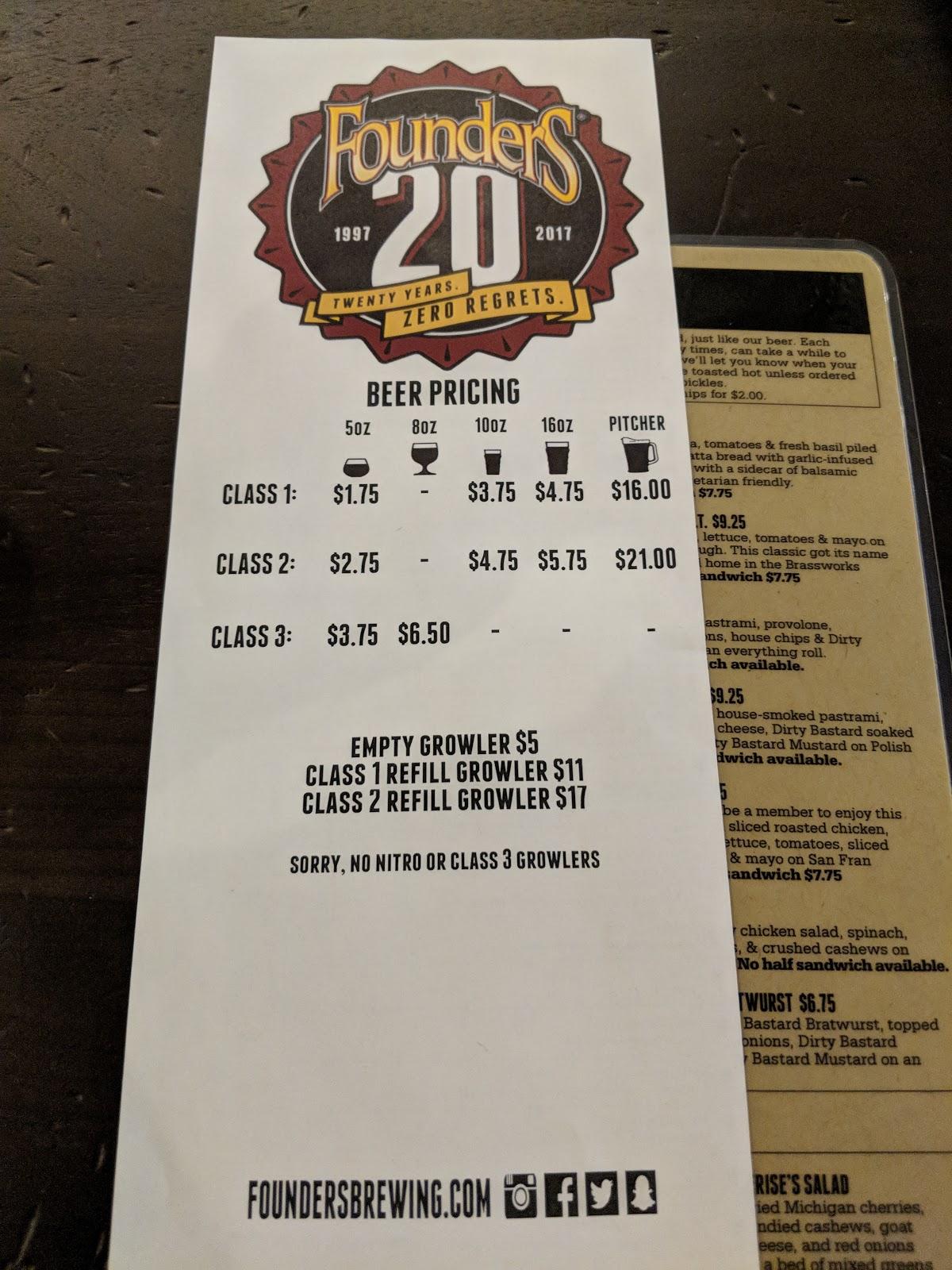 Menu at Founders Brewing Co. Detroit pub & bar, Detroit