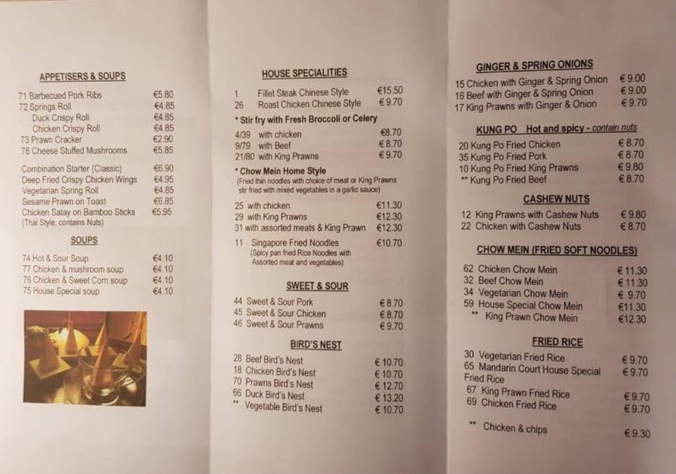Menu at Mandarin Court Chinese Restaurant, Sligo