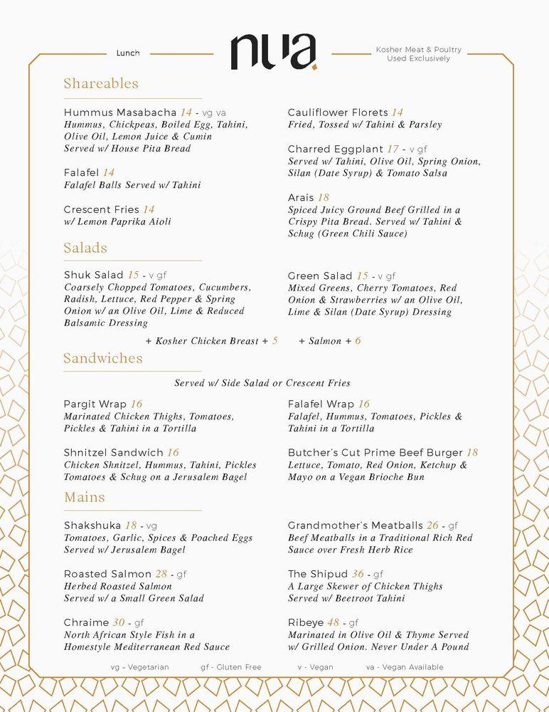 Menu at Nua pub & bar, Beverly Hills
