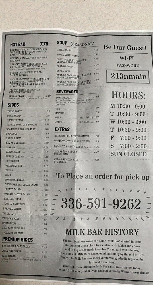 Menu at The Milk Bar, Walnut Cove