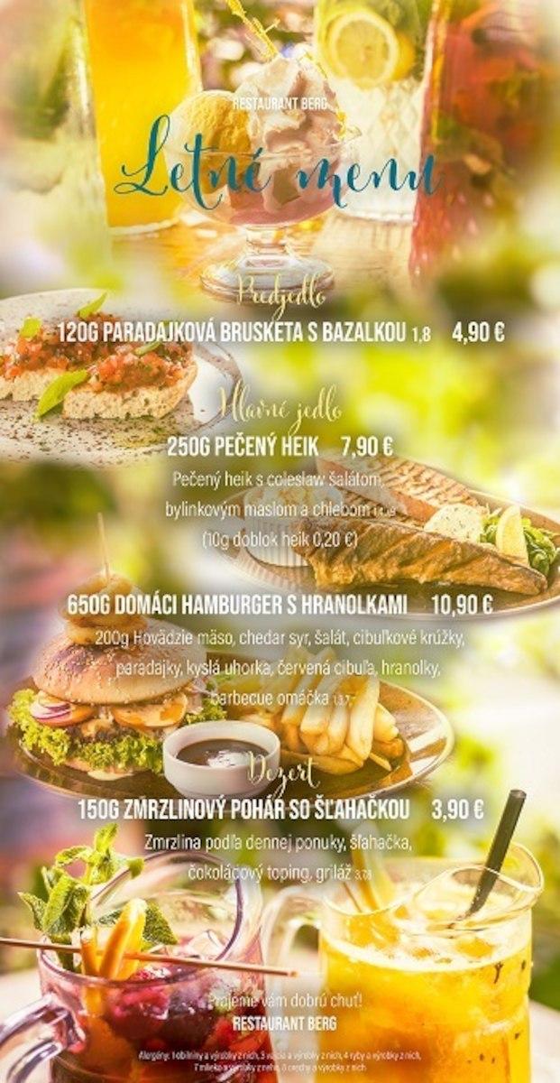 Menu at BERG restaurant, Bratislava