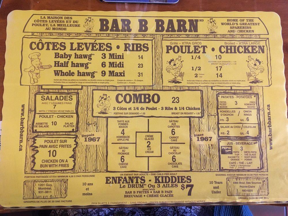 Menu au Bar-B-Barn, Pointe-Claire, Sources
