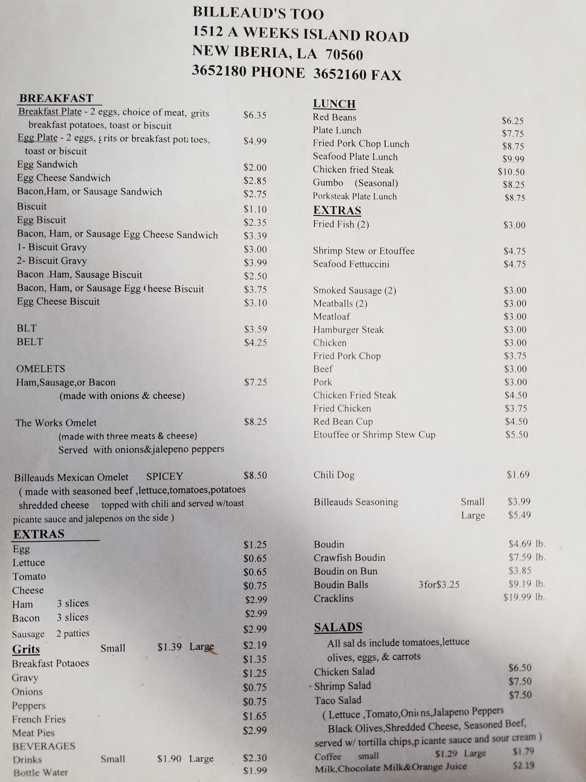 Menu at Billeaud's Too restaurant, New Iberia