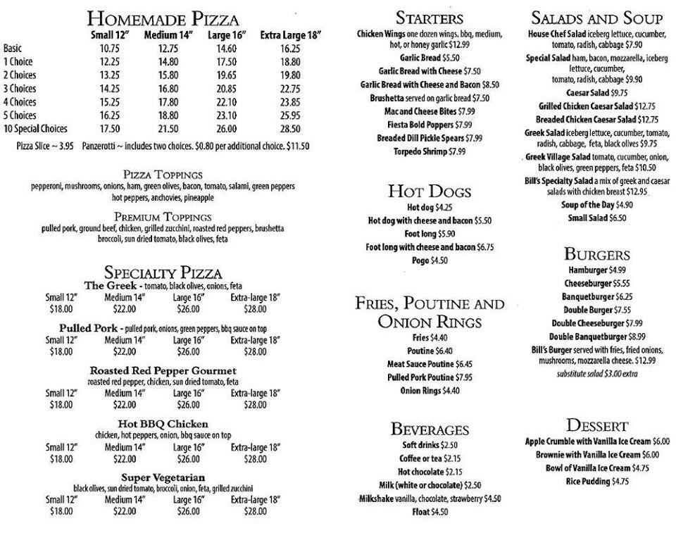 Menu at Bill's Pizza & Restaurant, Bracebridge