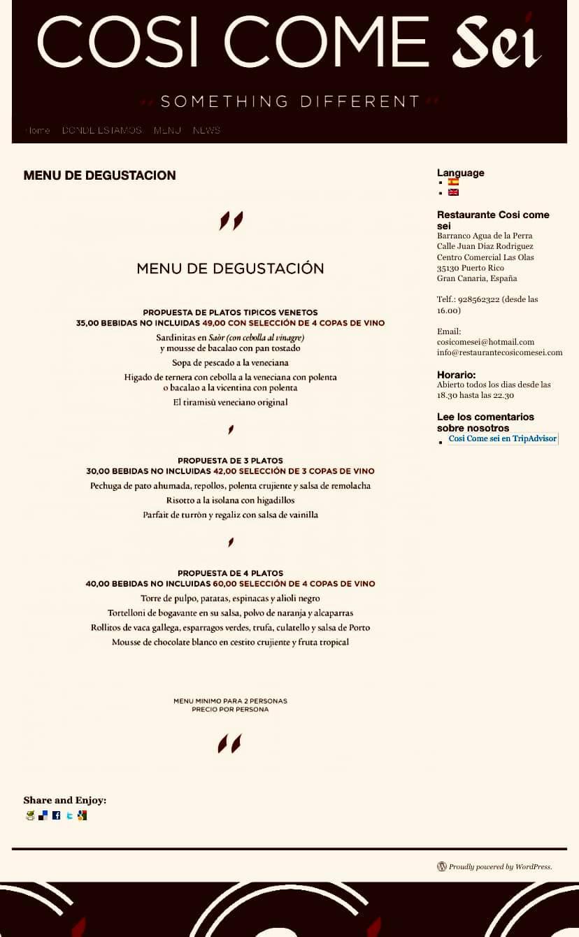 Menu at Cosi Come Sei restaurant, Arguineguin