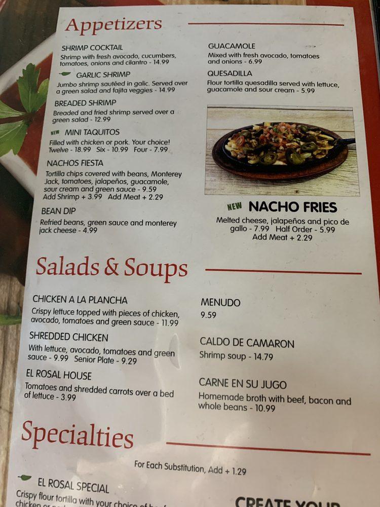 Menu at El Rosal restaurant, Patterson