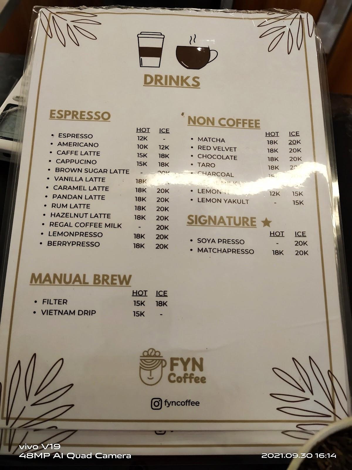 Menu at Fyn Coffee, Indonesia