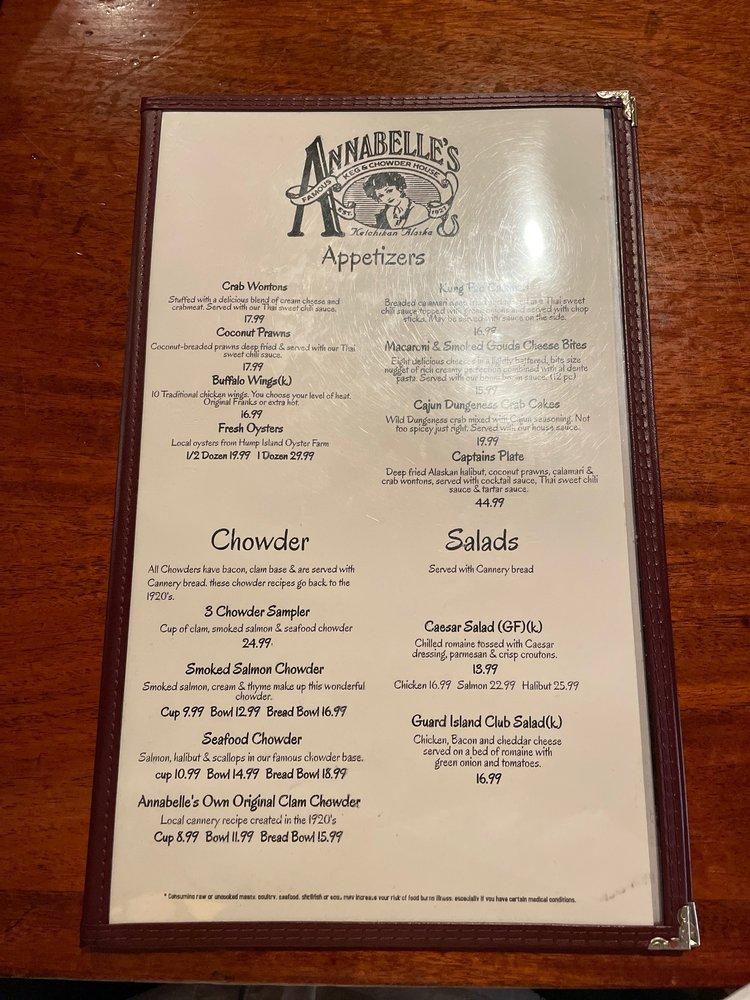 Menu at Annabelle's Famous Keg and Chowder House restaurant, Ketchikan