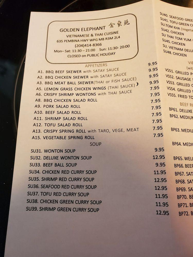 Menu at Golden Elephant Vietnamese & Thai Cuisine 金象苑 越南 泰國美食 ...