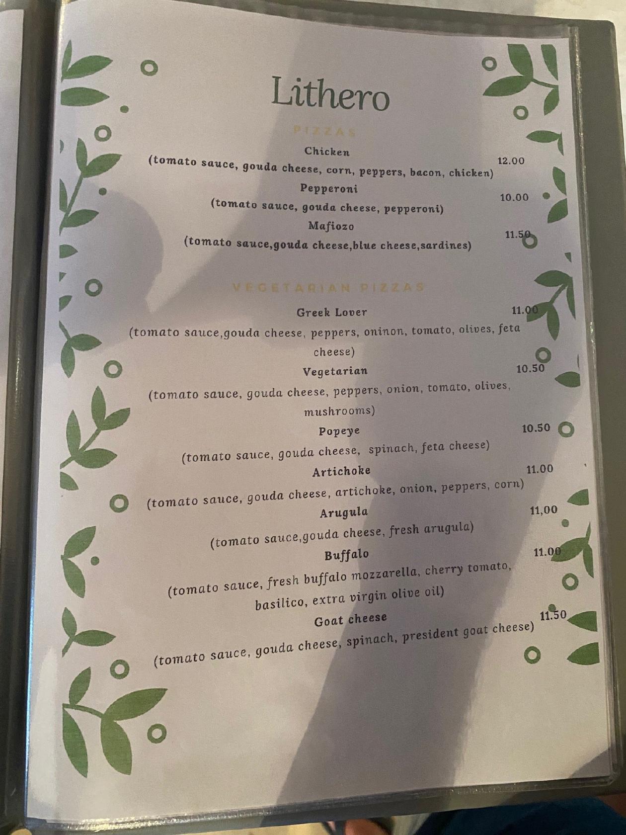 Menu at Lithero Restaurant Pizzeria, Arillas Agiou Georgiou