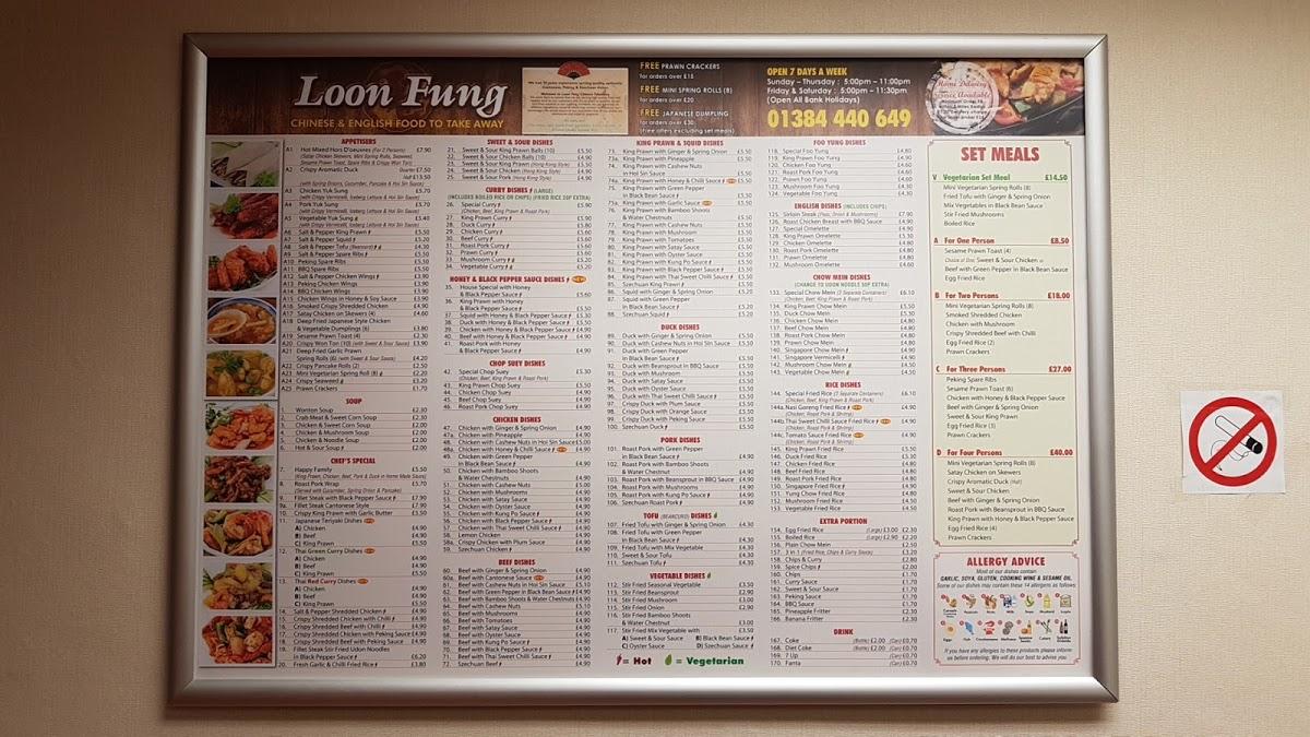 Menu at Loon Fung restaurant, Stourbridge