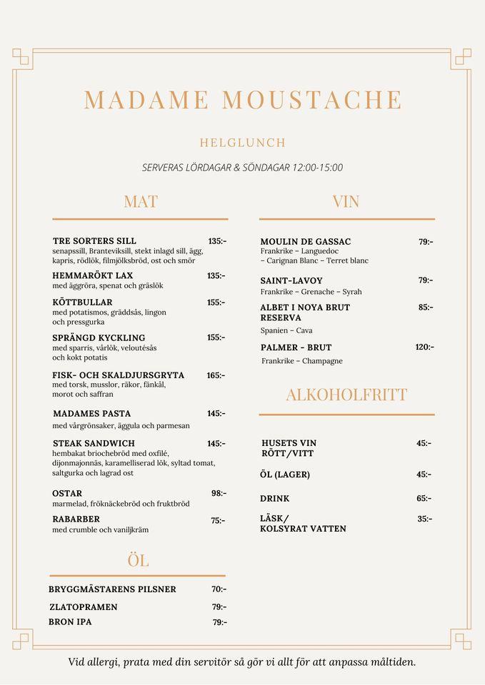 Menu at Madame Mustache restaurant, Helsingborg