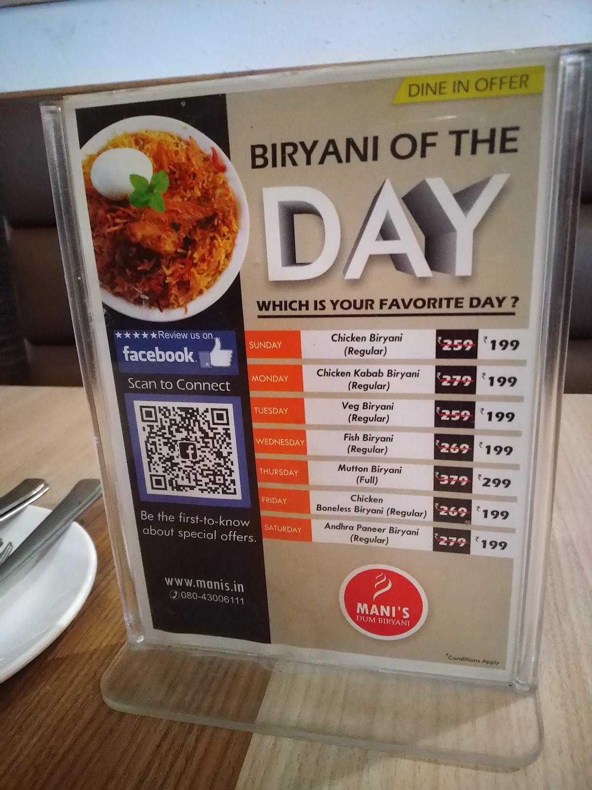 Menu at Mani's Dum Biryani - Indiranagar, Bengaluru, #474