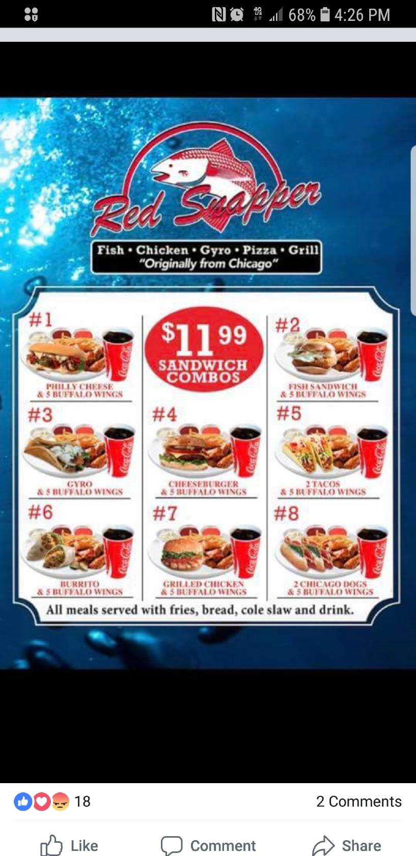 Menu at red snapper fish & chicken restaurant, Hapeville