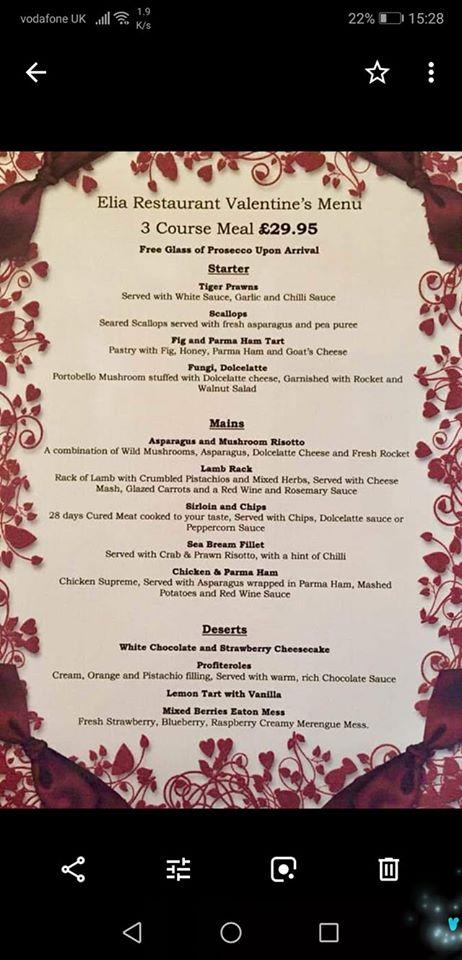Menu at Elia restaurant, Woking