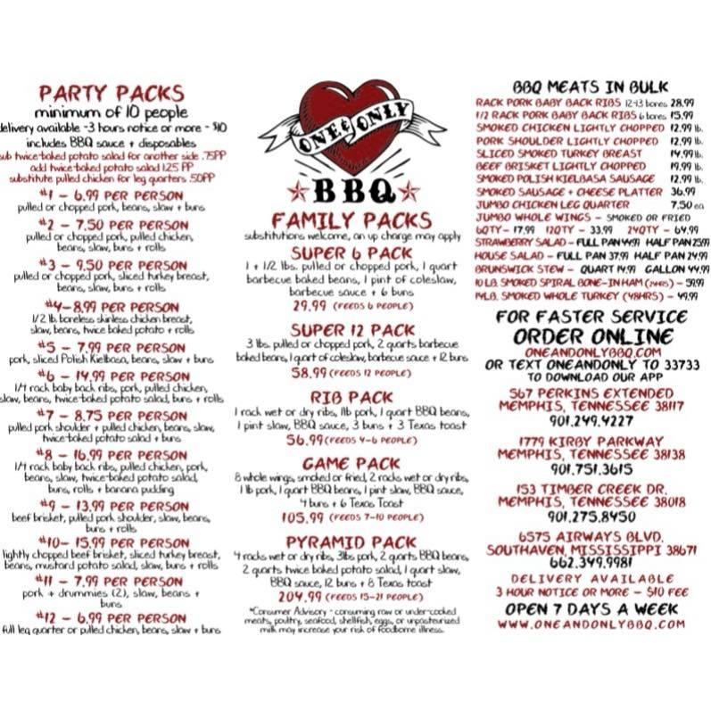 Menu at One & Only BBQ, Southaven