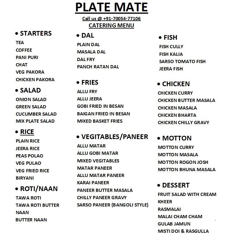Menu at Plate Mate, Shillong, NEHU SHOPPING COMPLEX