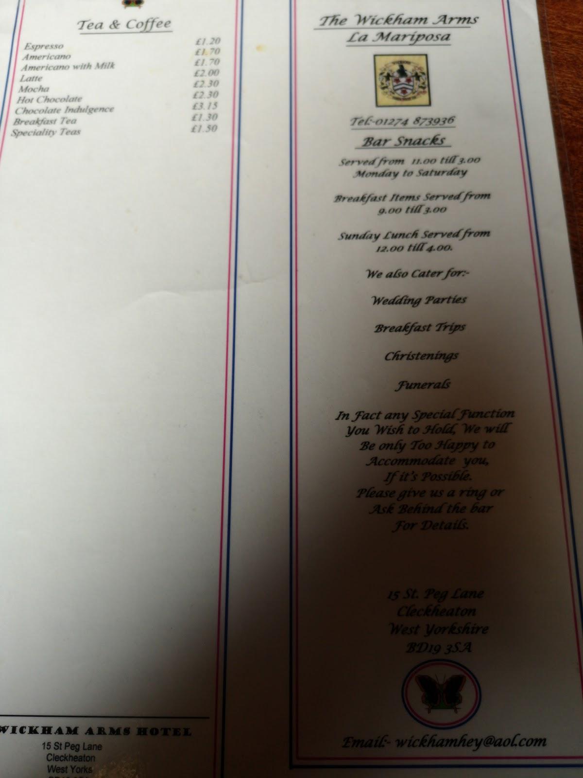 Menu at The Wickham Arms Hotel pub & bar, Cleckheaton