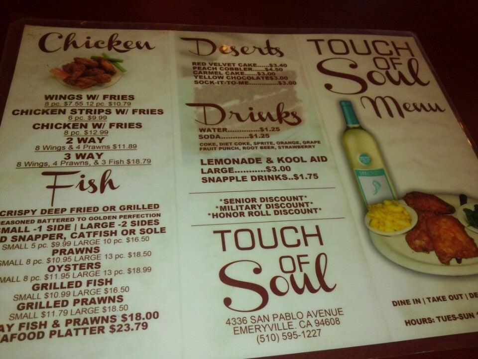 Menu at Touch of Soul restaurant, Emeryville