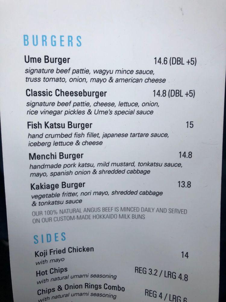 Carta del restaurante Ume Burger, Sydney, 33 Barangaroo Ave