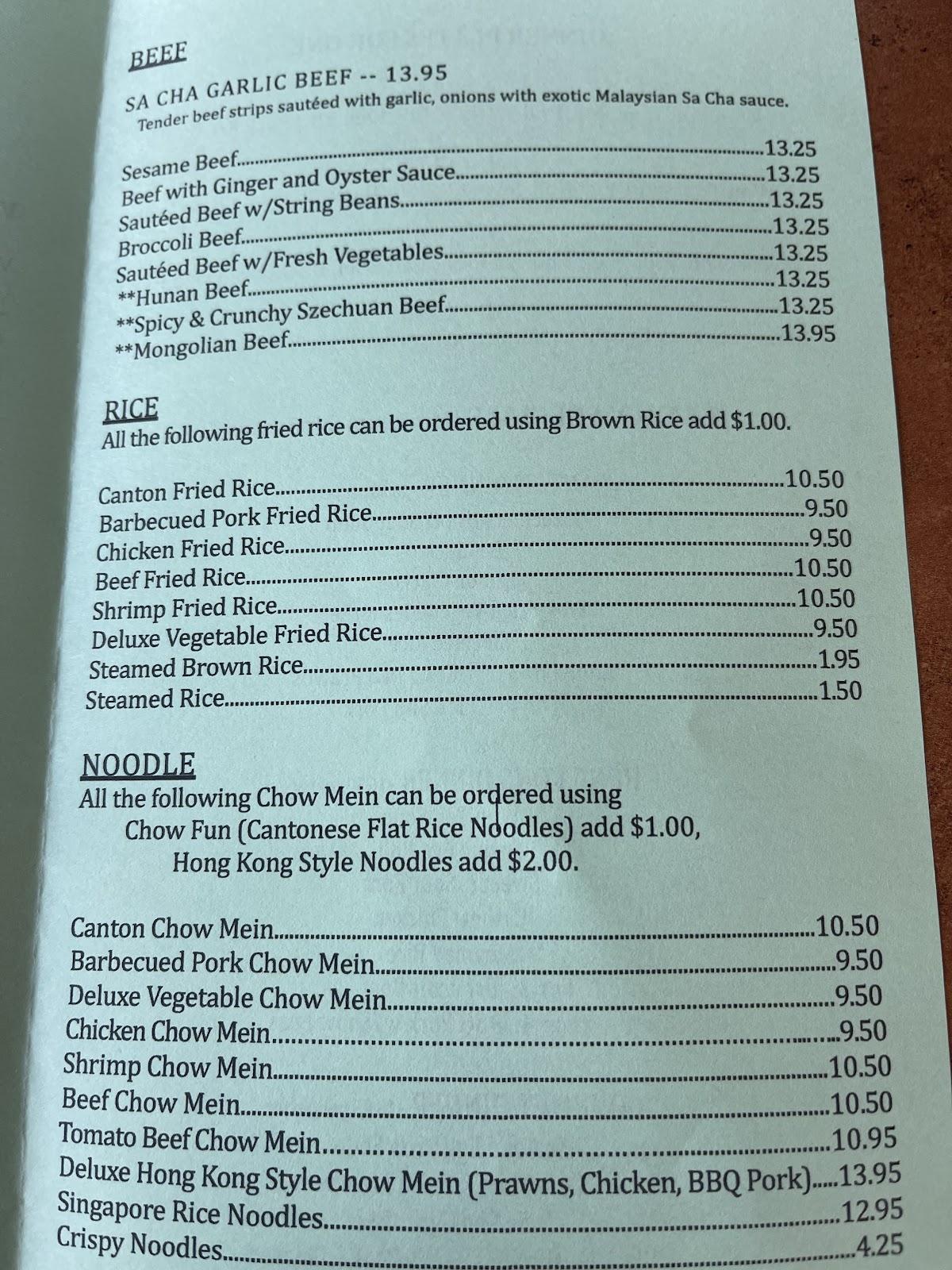 Menu at Canton restaurant, Petaluma