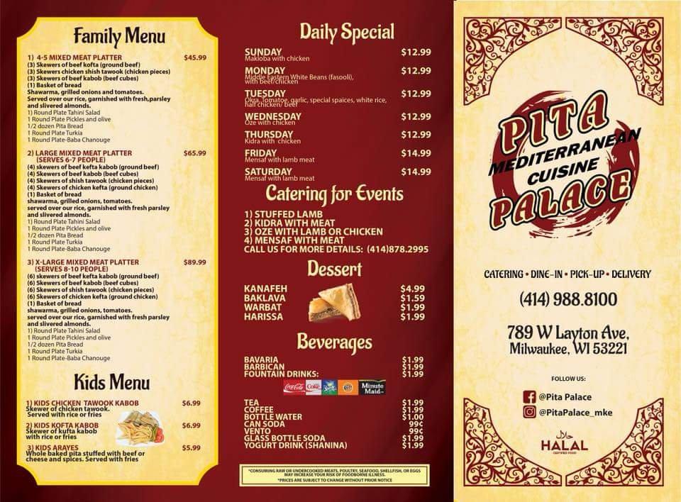 Menu at Pita Palace Mediterranean Cuisine restaurant, Milwaukee, 789 W ...