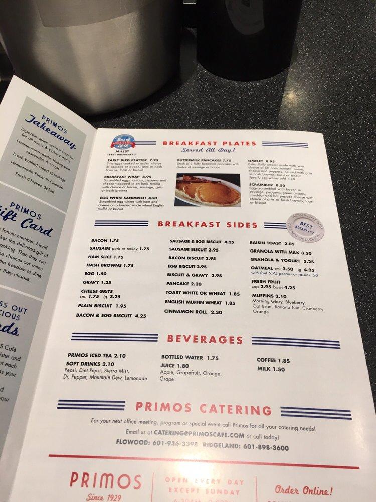 Menu at Primos Cafe, Flowood, Lakeland Dr