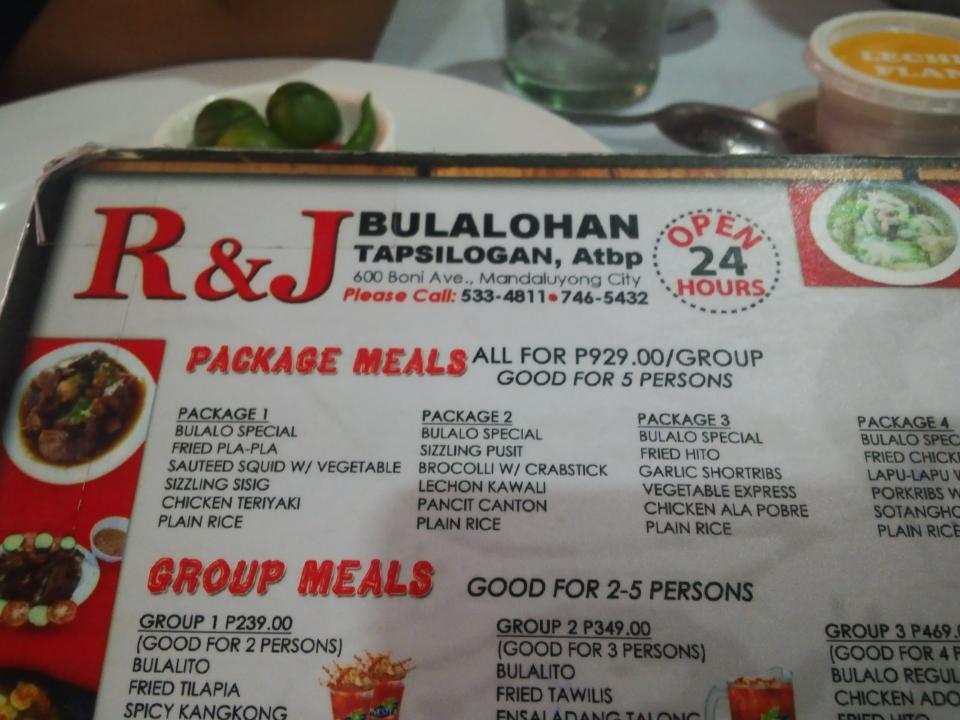 Menu at R&J Bulalohan restaurant, Mandaluyong