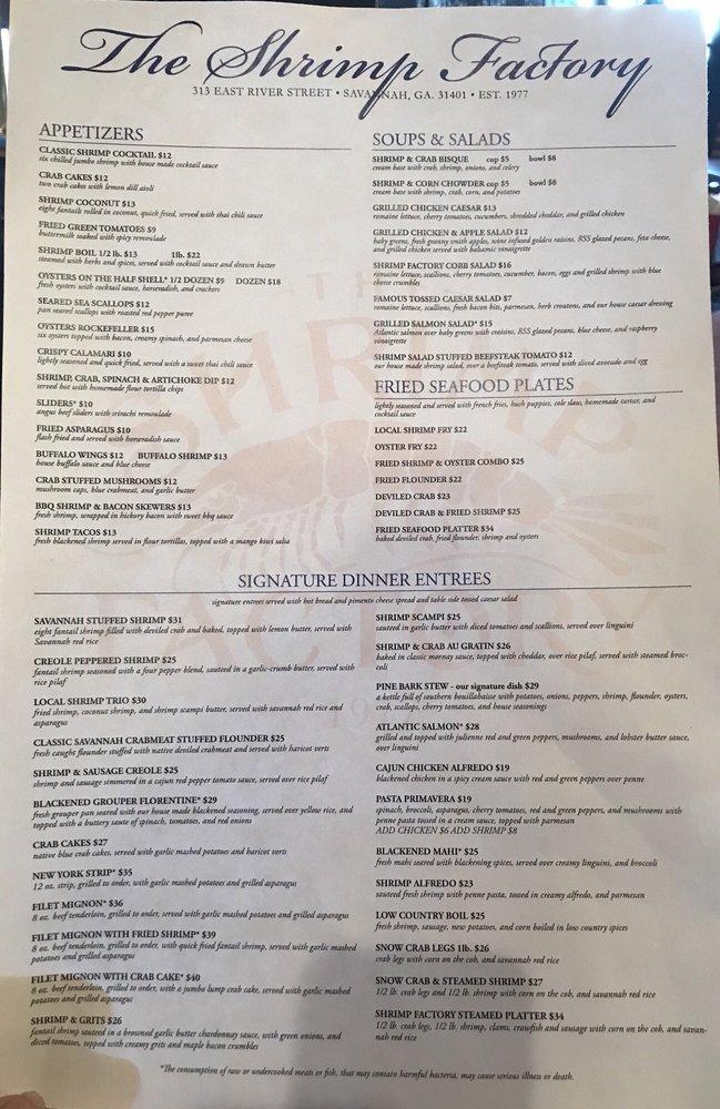 Menu at The Shrimp Factory restaurant, Savannah