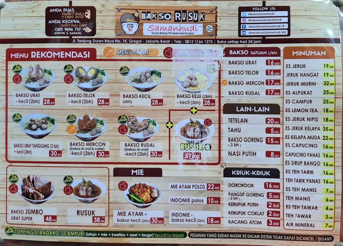 Menu at Bakso Rusuk Samanhudi Tanjung Duren restaurant, West Jakarta ...