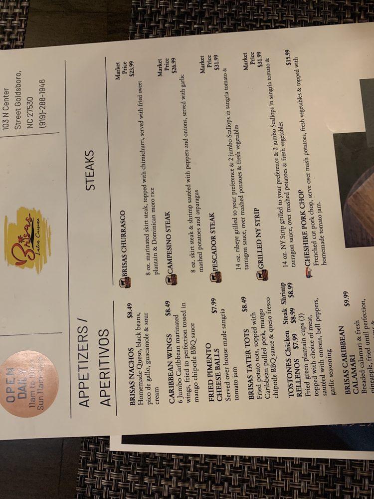 Menu at Brisas restaurant, Goldsboro
