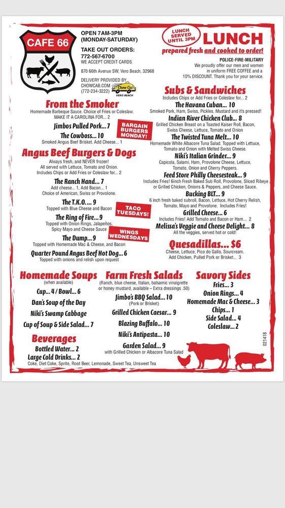 Menu at Cafe 66, Vero Beach, 685 US-1
