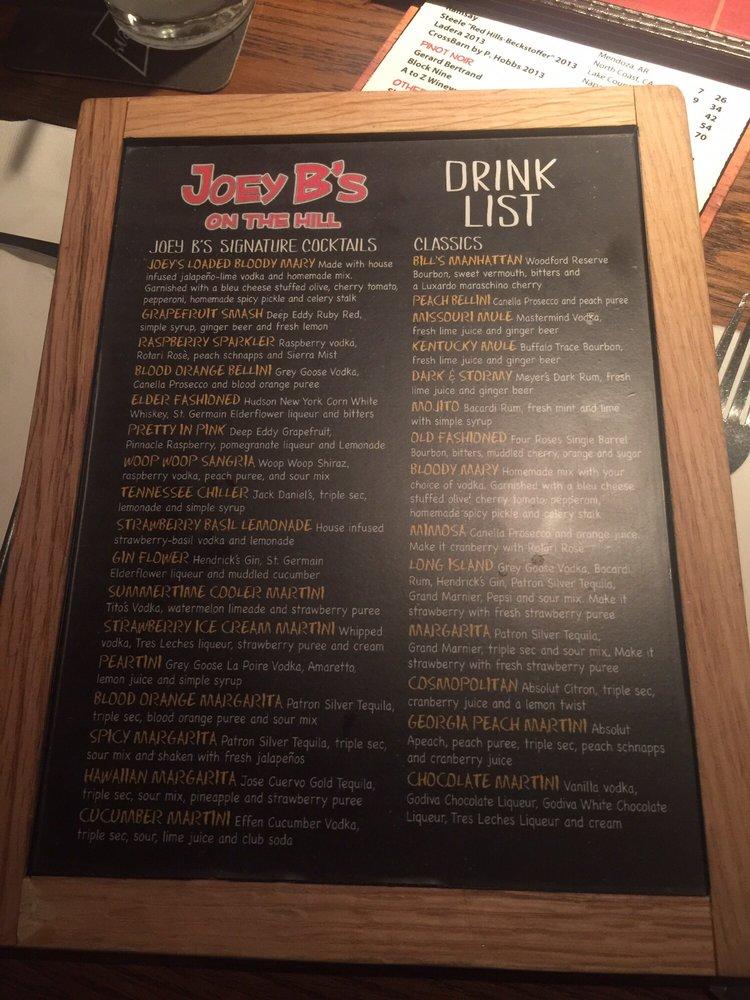 Menu at Joey B's on the Hill restaurant, St. Louis