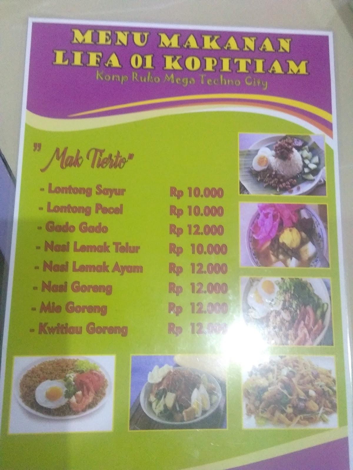 Menu at Lifa 01 Kopitiam restaurant, Batam