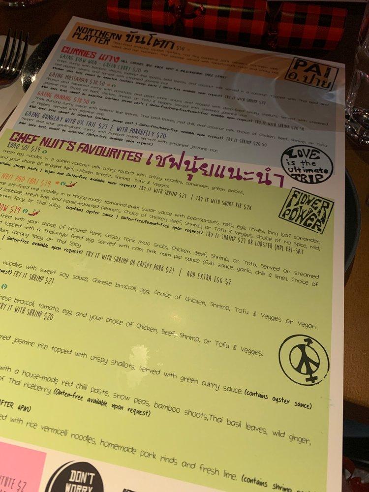 Menu at PAI Uptown restaurant, Toronto