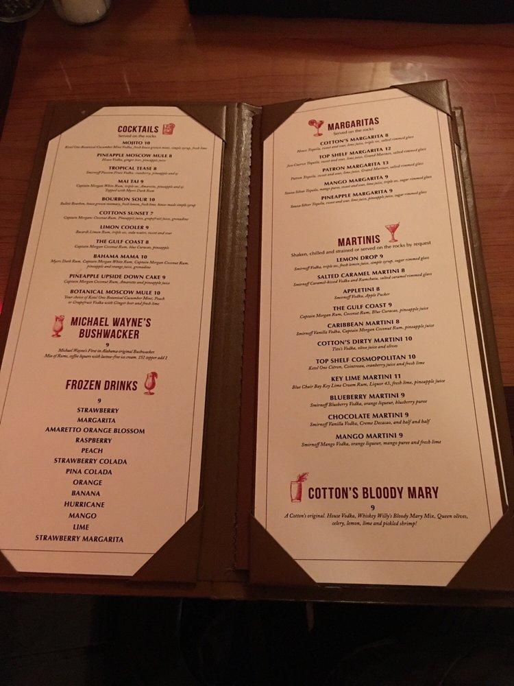 Menu at Cotton's Restaurant, Orange Beach