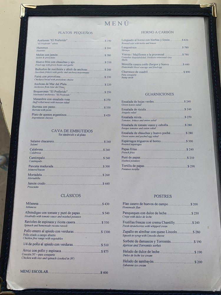 Carta del pub y bar El Preferido del Palermo, Buenos Aires