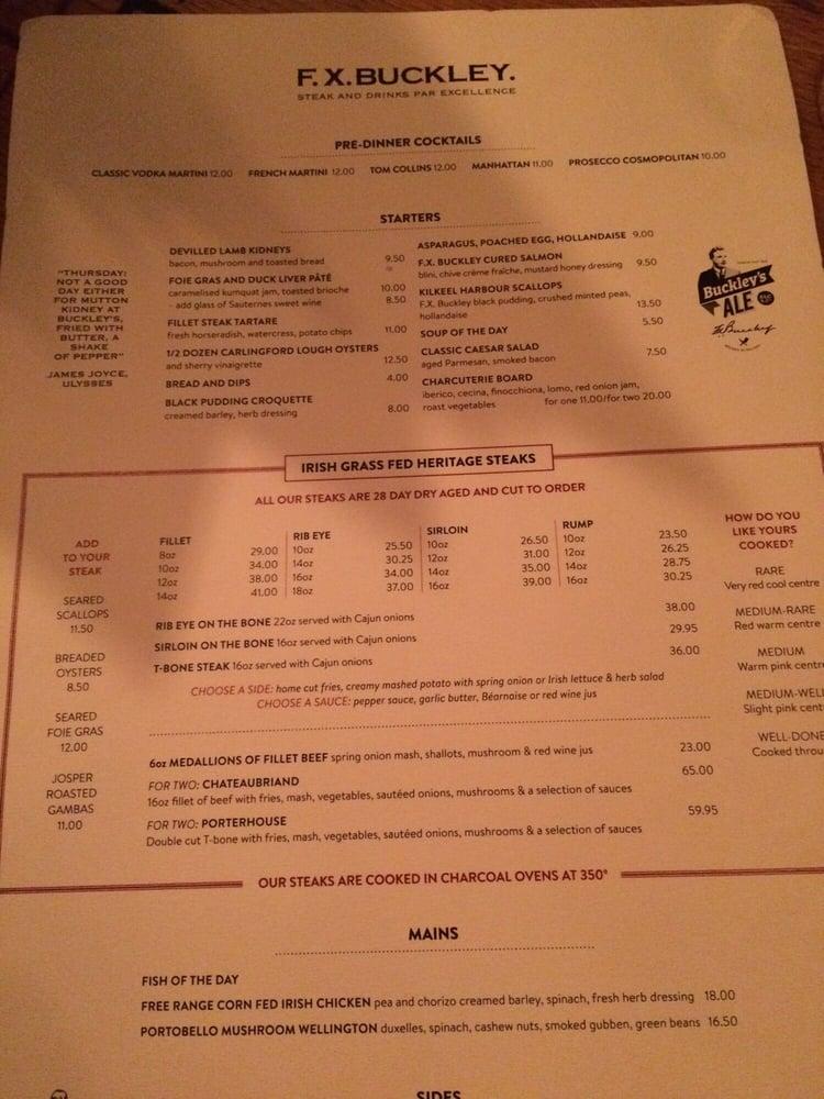 Menu at F.X. Buckley Steakhouse Pembroke Street, Dublin, 1A Pembroke ...