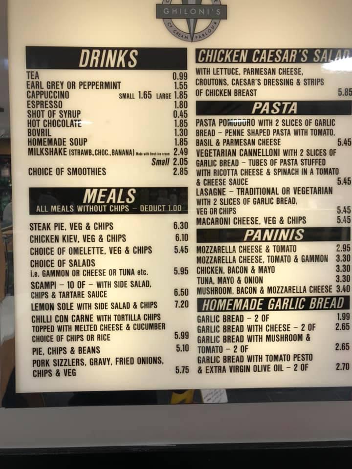 Menu at Ghiloni's cafe, Glasgow