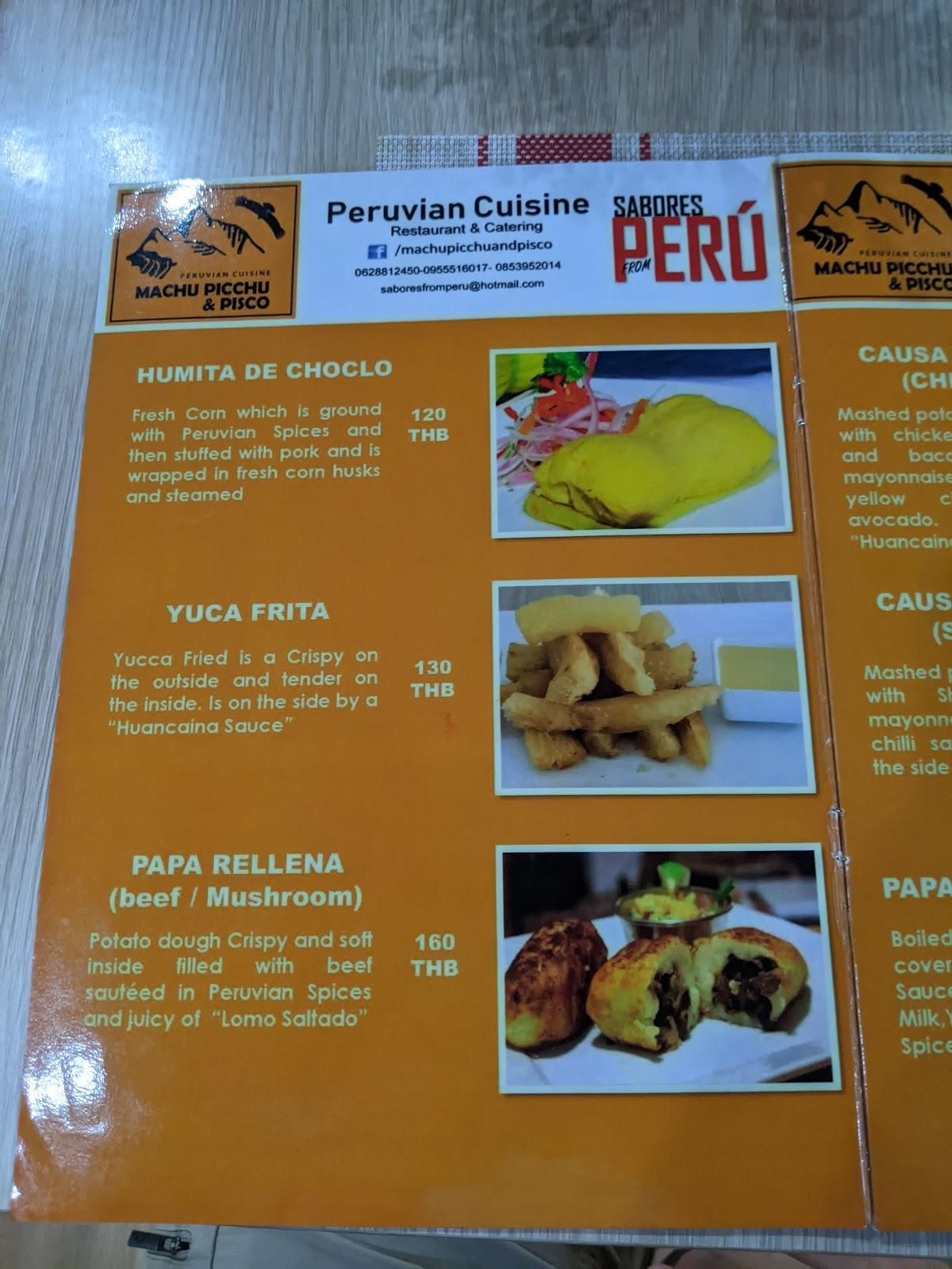 Carta del restaurante Machu Picchu & Pisco, Bangkok