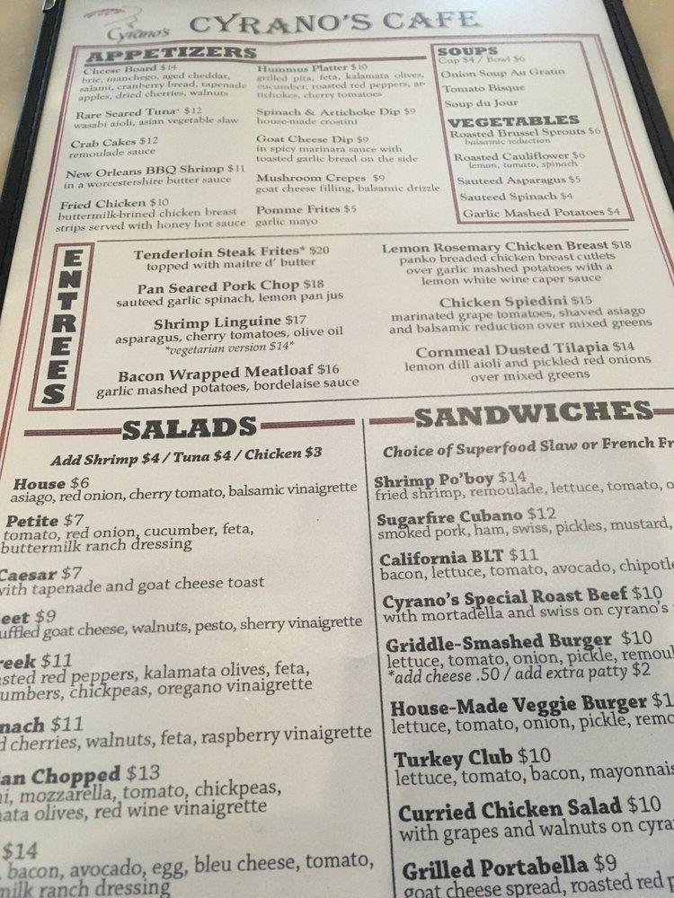 Menu at Cyrano's Cafe, Webster Groves