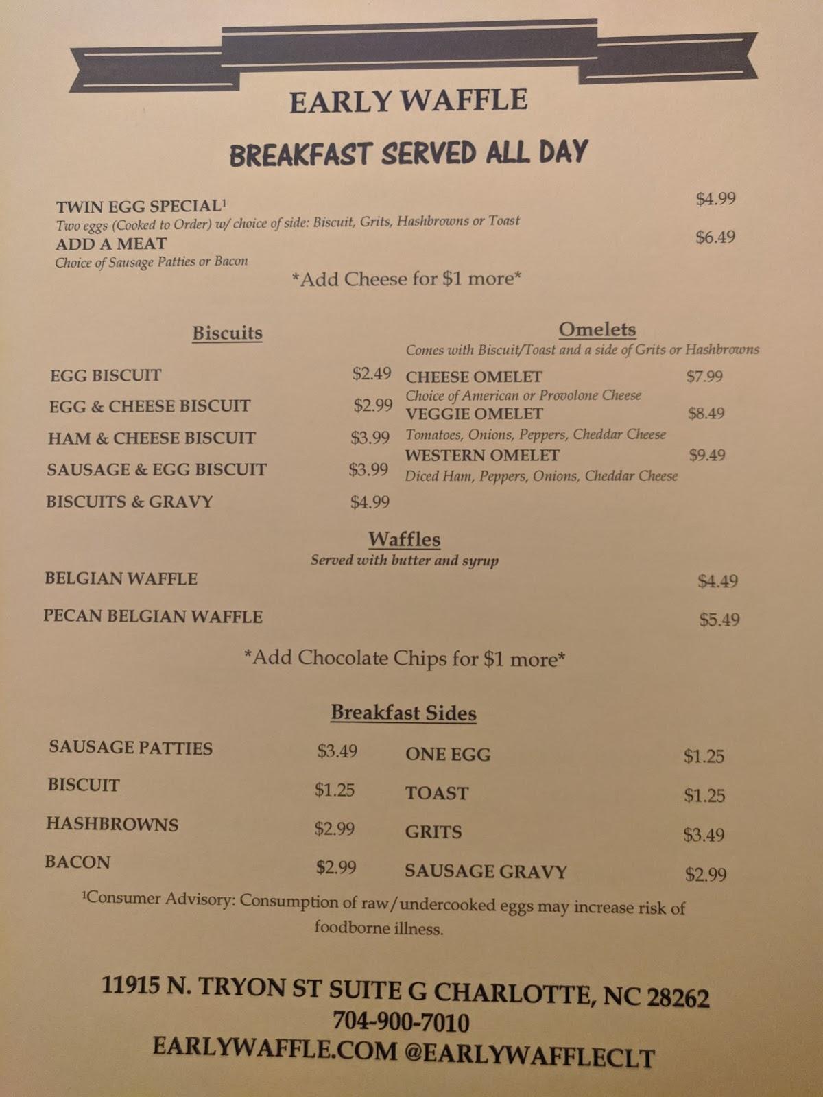 Menu at Early Waffle restaurant, Charlotte