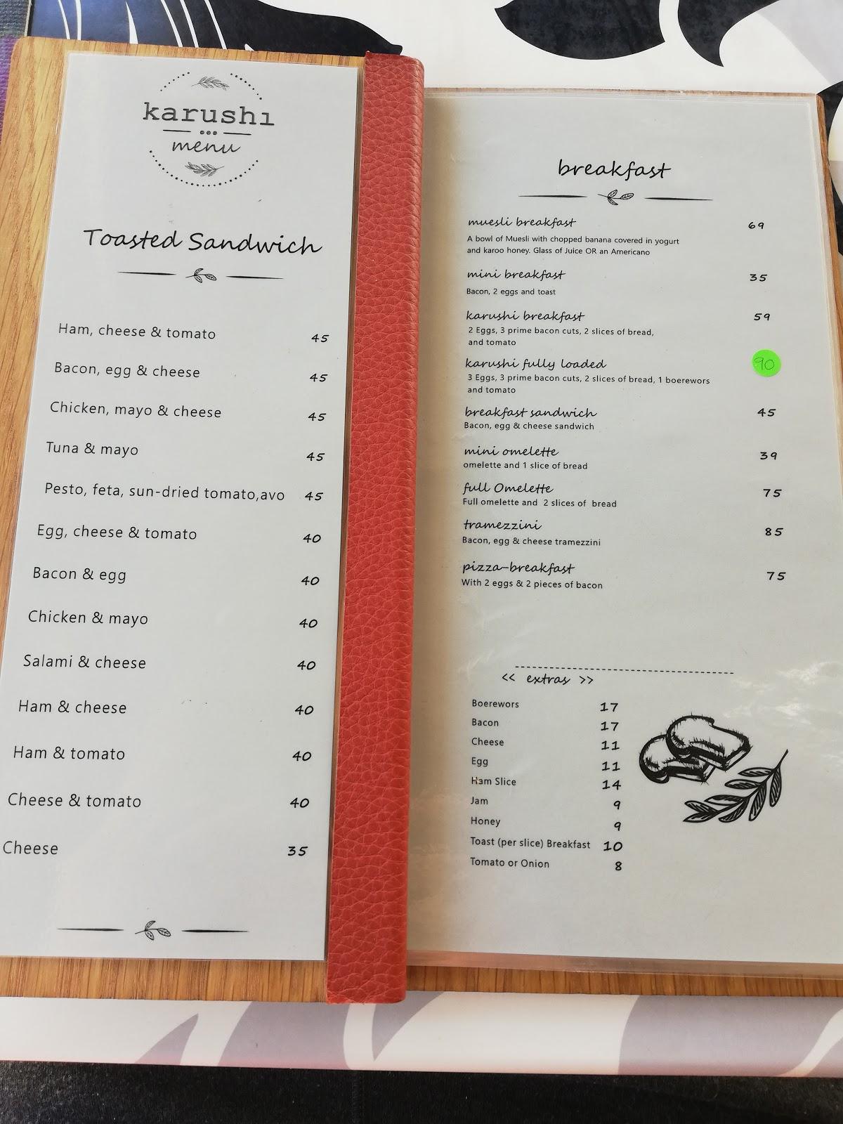 Menu at Karushi restaurant, Beaufort West