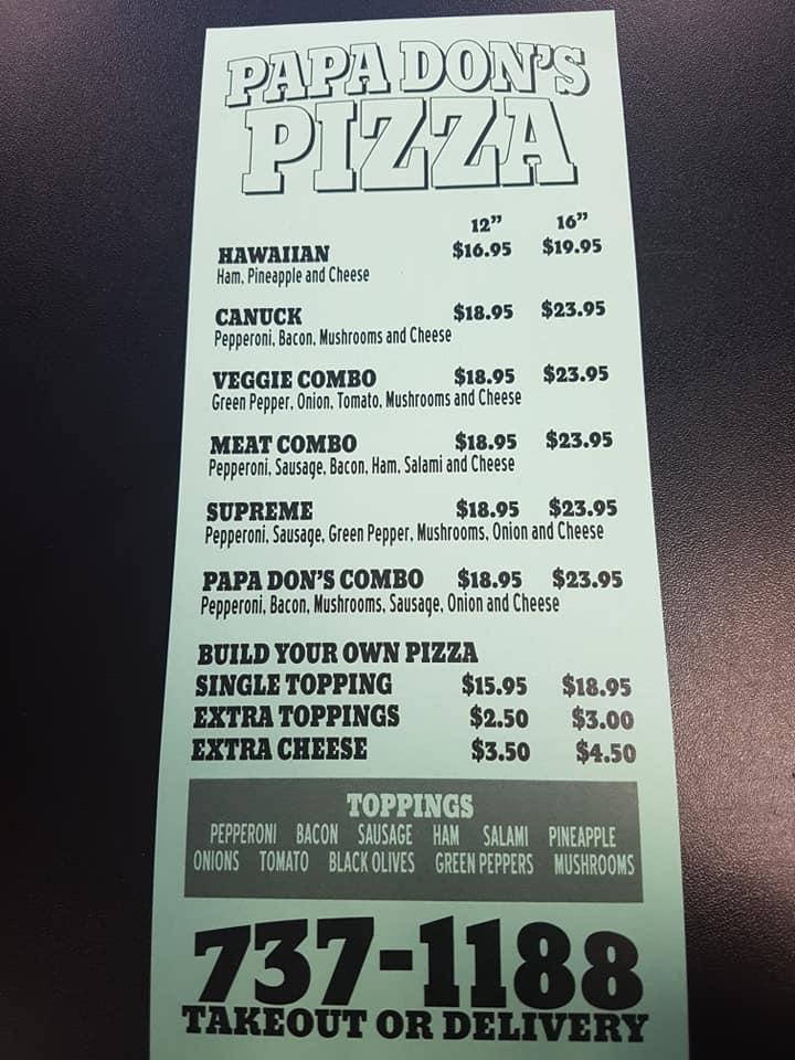 Menu at Papa Don's Pizza restaurant, Sioux Lookout