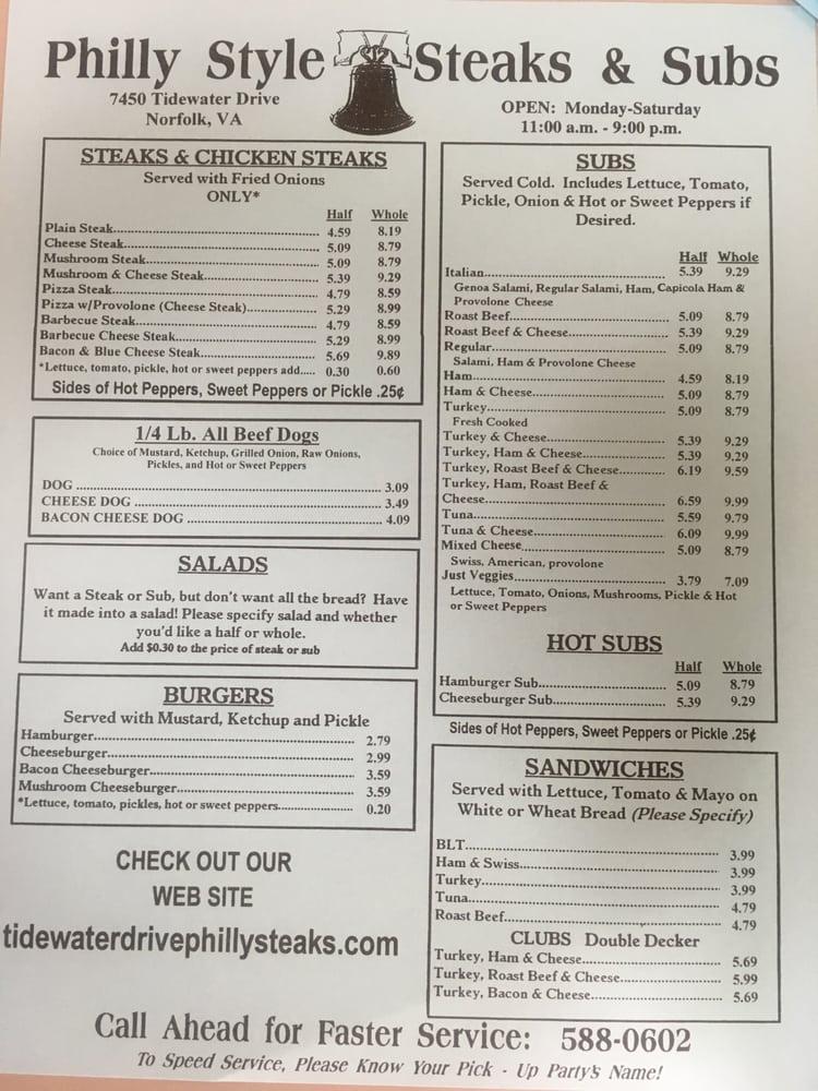 Menu at Philly Style Steaks & Subs restaurant, Norfolk, A Tidewater Dr