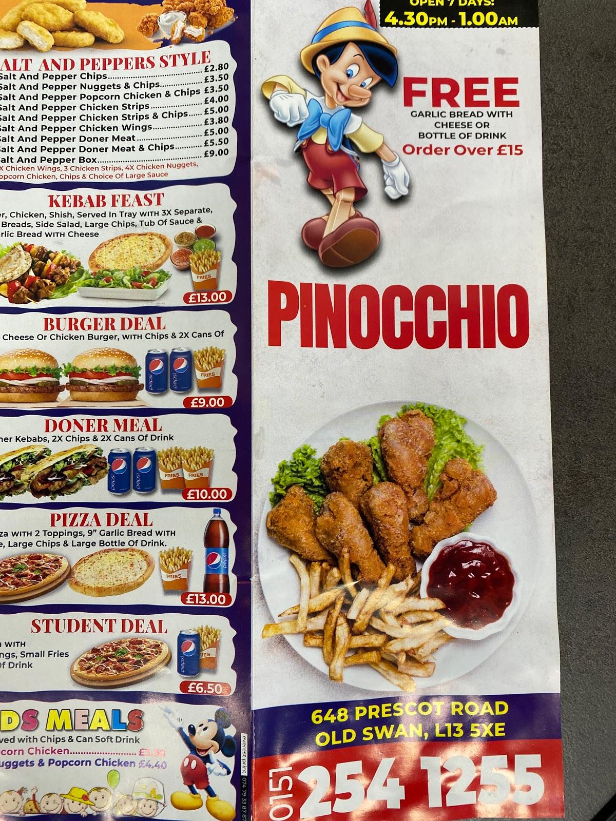 Menu at Pinocchio pizza restaurant, Liverpool