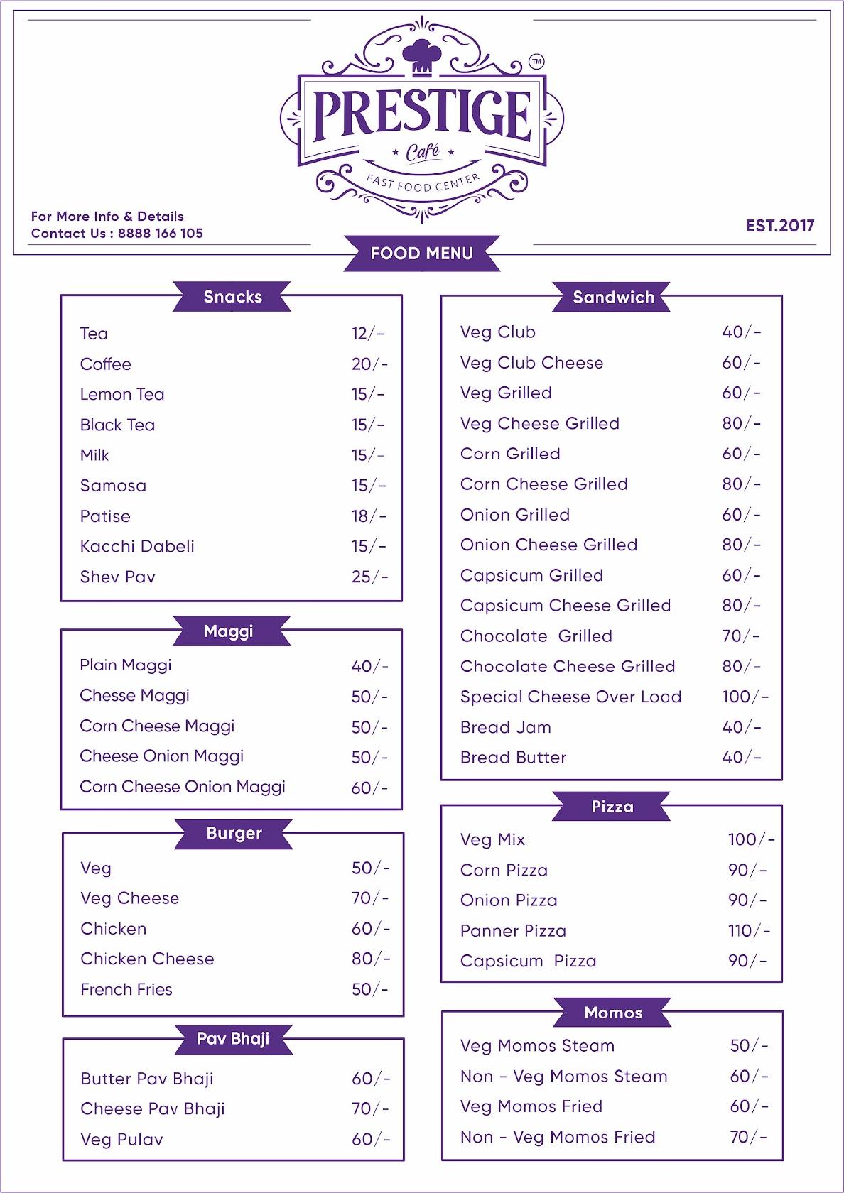 Menu at Prestige Cafe, Pune, Paud Rd