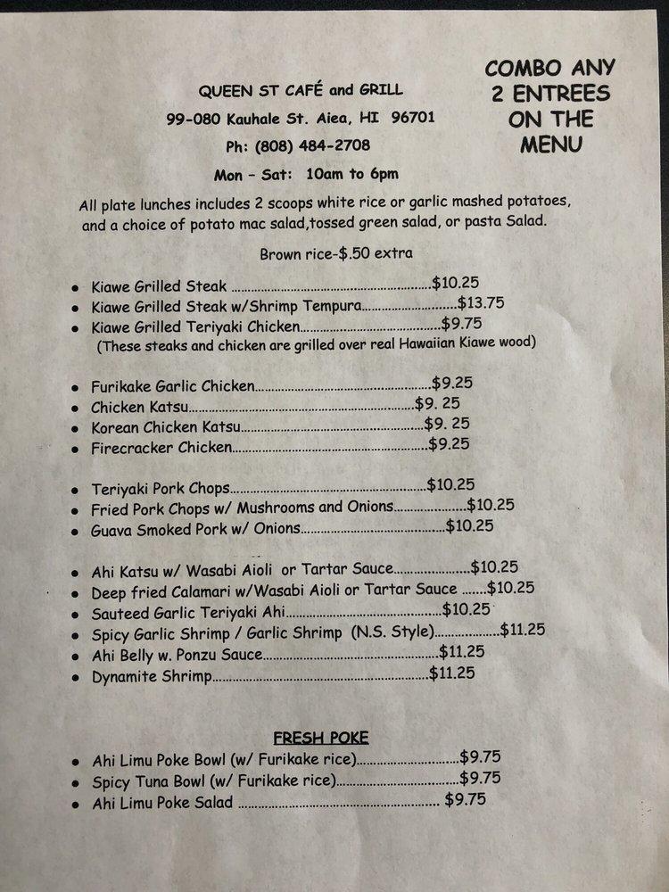 Menu at Queen Street Cafe & Grill, Aiea